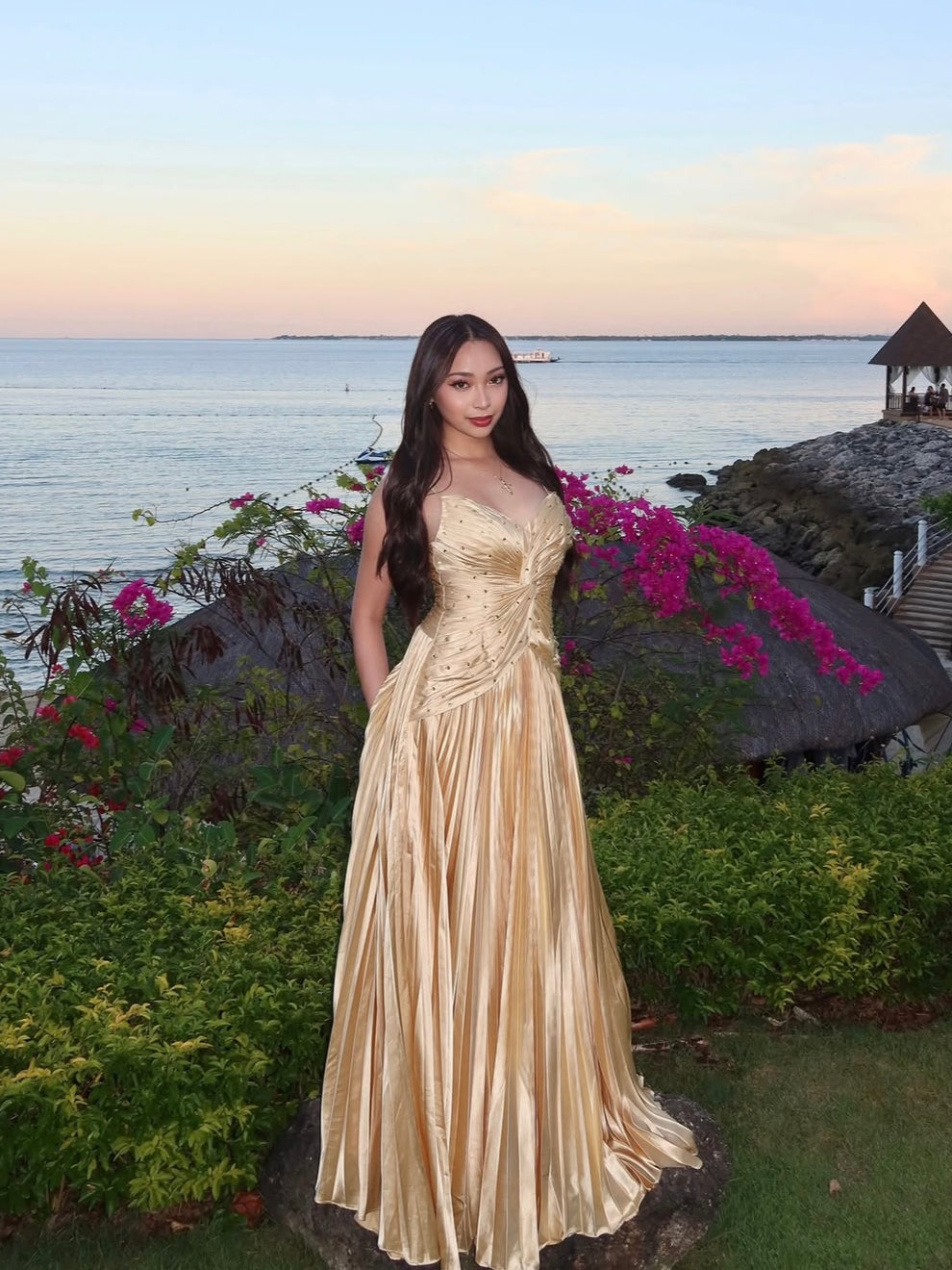 Becca Pleated Gold V-Neck Dress – Aecia